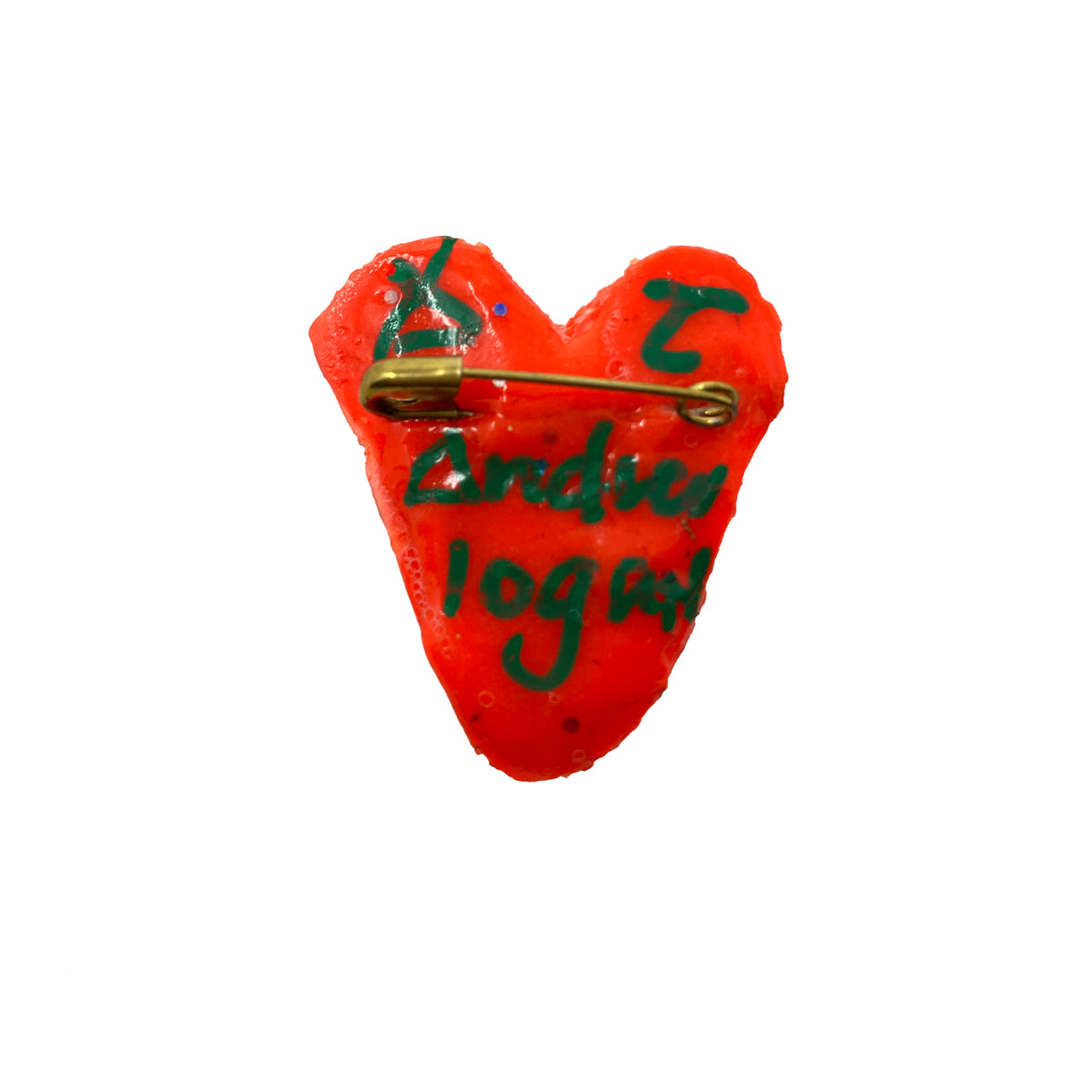 MINI NEON PINK & ORANGE HEART BROOCH, 2024 – Andrew Logan
